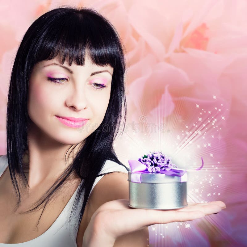 Beautiful Woman with a Gift in Their Hands. Stock Image - Image of girl ...
