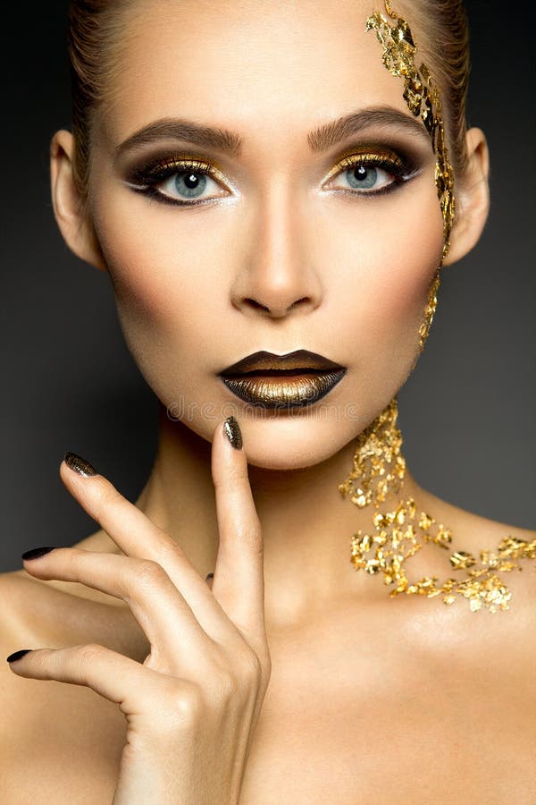 Fashion Girl Portrait. Gold Makeup Stock Photo - Image of hand, black ...