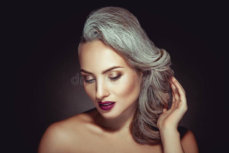 Beautiful Woman with Grey Hair Color and Nice Makeup Stock Image ...