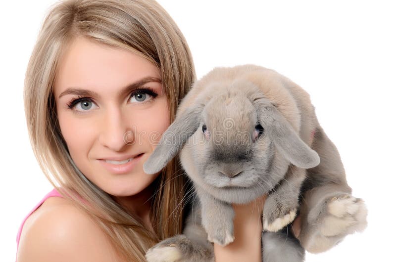 The Beautiful Woman with a Grey Rabbit Stock Photo - Image of animal ...