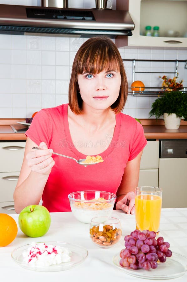 Beautiful Woman Having a Breakfast Stock Image - Image of apple ...