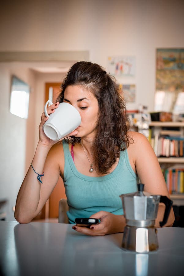 Beautiful Woman Having Breakfast Stock Photo - Image of communicating ...