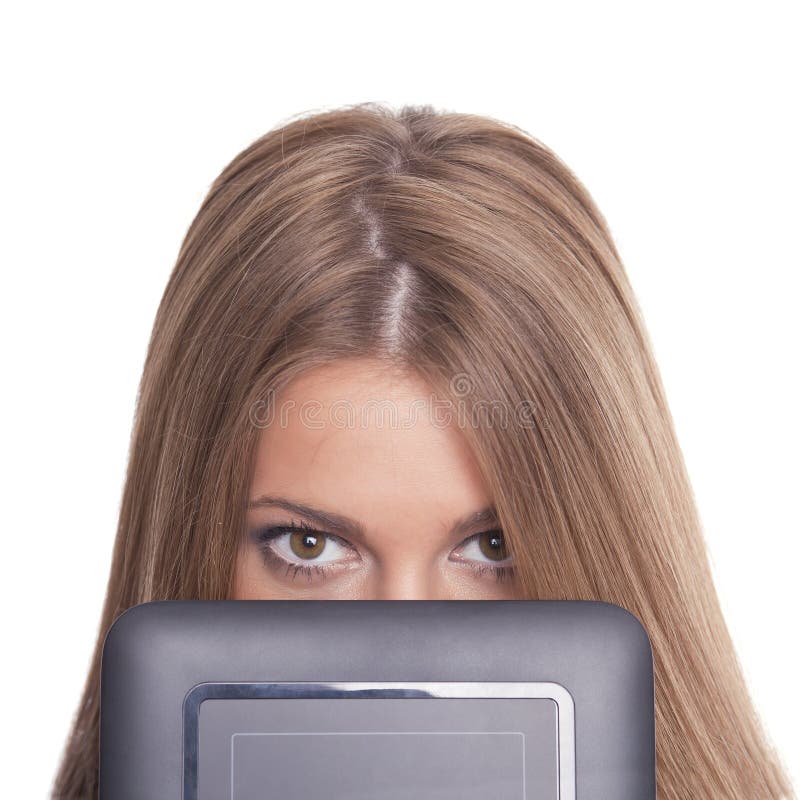 Beautiful Woman Hiding Face with Tablet Computer Stock Photo - Image of ...