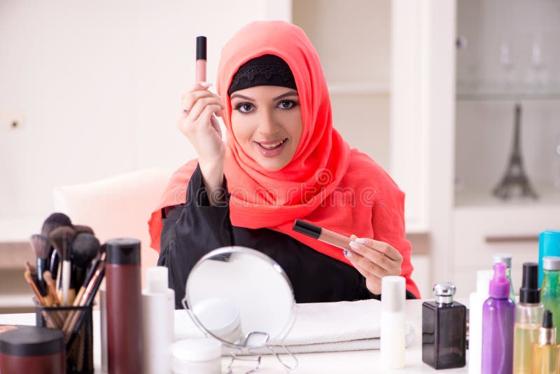 Beautiful Woman in Hijab Applying Make-up Stock Photo - Image of arabic ...