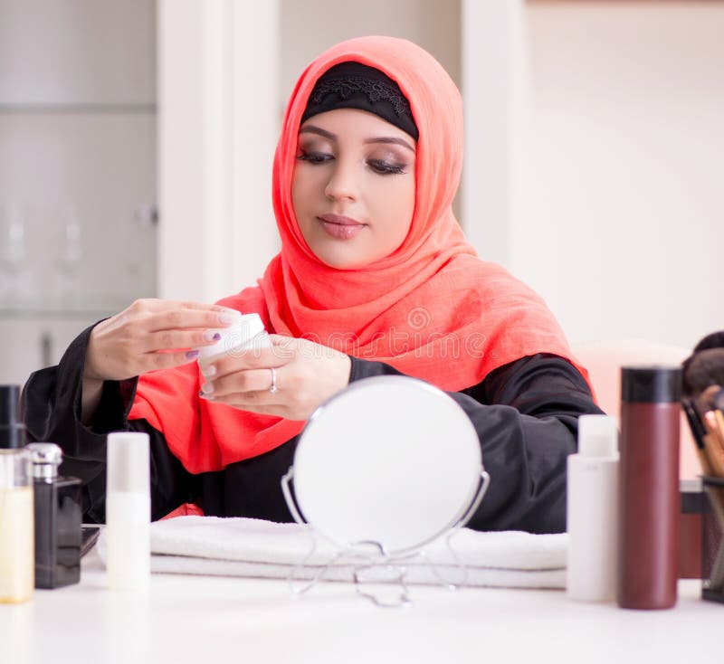 Beautiful Woman in Hijab Applying Make-up Stock Image - Image of ...