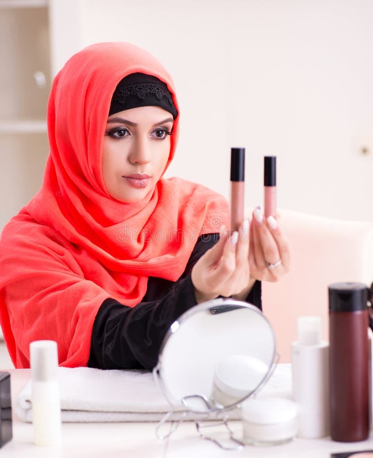 Beautiful Woman in Hijab Applying Make-up Stock Photo - Image of hijab ...