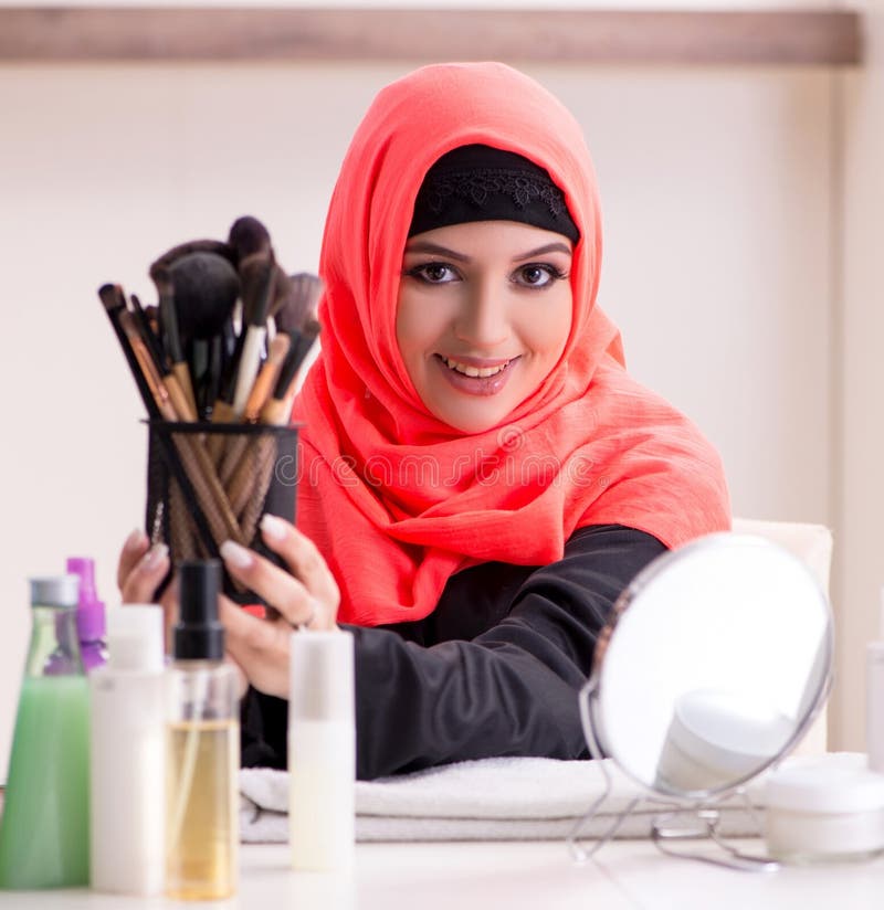 Beautiful Woman in Hijab Applying Make-up Stock Image - Image of ...