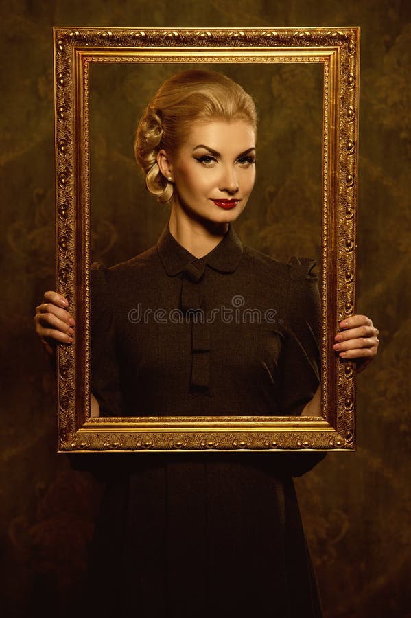 Beautiful Woman Holding Frame Stock Photo - Image of attractive, dress ...