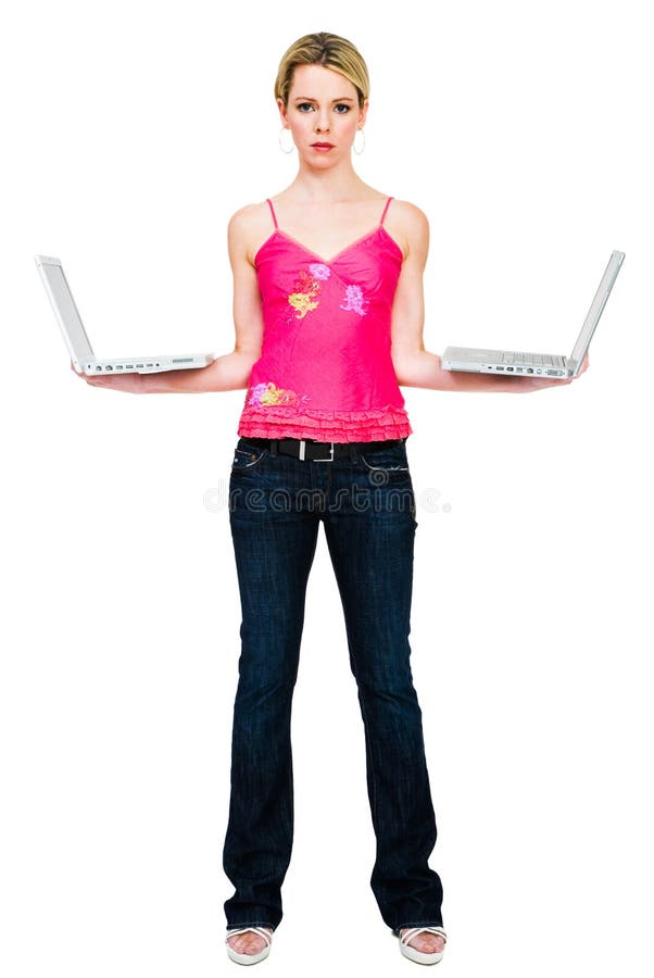 Beautiful Woman Holding Two Laptop Computers Stock Image - Image of ...