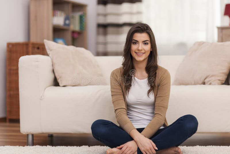 Beautiful woman at home stock image. Image of floor, room - 39856809