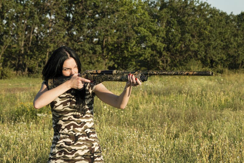 Beautiful Woman Hunter with Rifle Stock Image - Image of nature ...