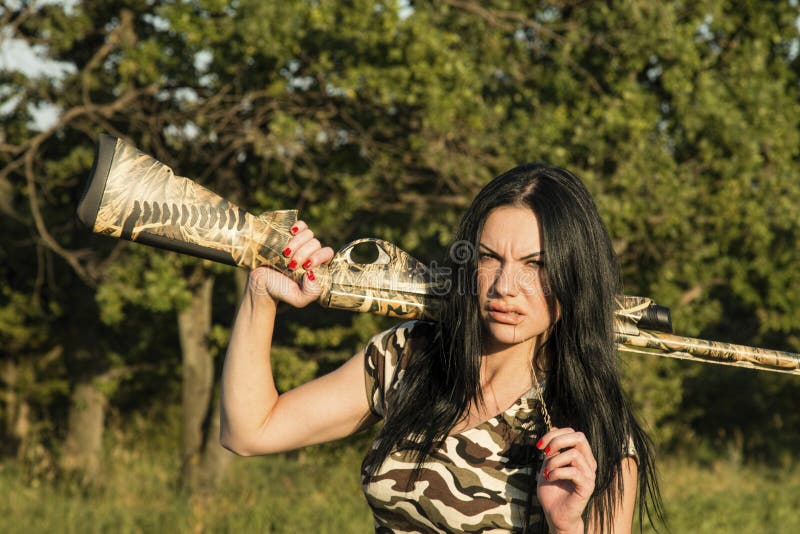 Beautiful Woman Hunter with Rifle Stock Image - Image of beauty ...