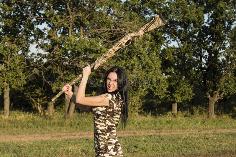 Beautiful Woman Hunter with Rifle Stock Photo - Image of instrument ...