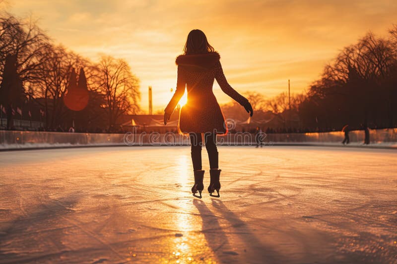A Beautiful Woman Ice Skating on Ice Rink at Sunset. Generative AI ...