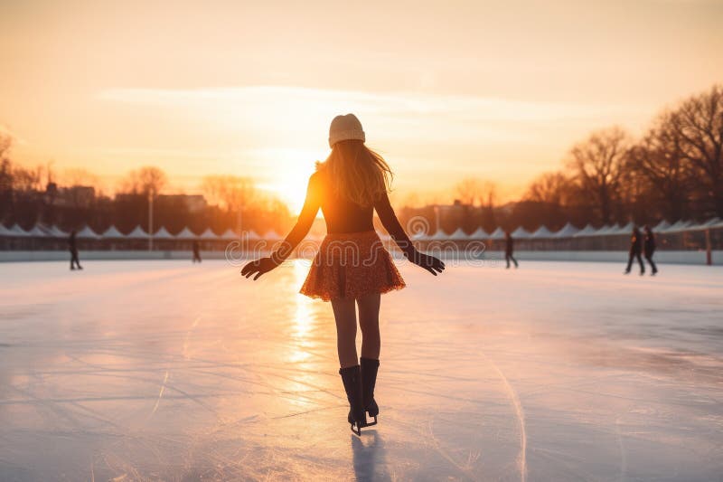 A Beautiful Woman Ice Skating on Ice Rink at Sunset. Generative AI ...
