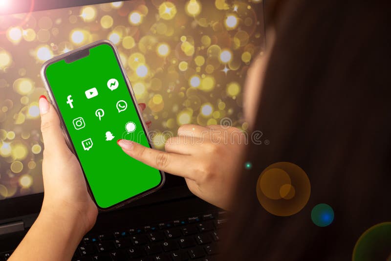 Beautiful Woman Interacting with Social Networks Editorial Photography ...