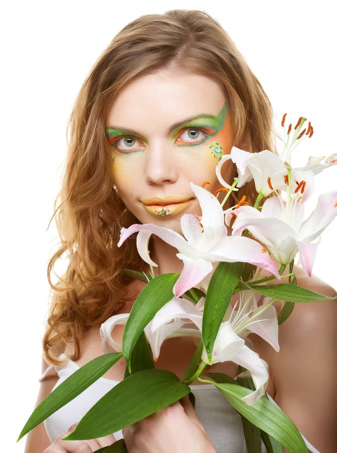 Beautiful woman with lily stock photo. Image of flower - 85982998