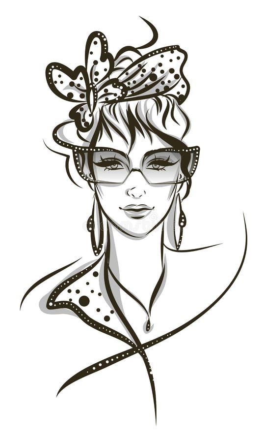 Beautiful Woman Line Art Illustration with Accessories Stock Vector ...