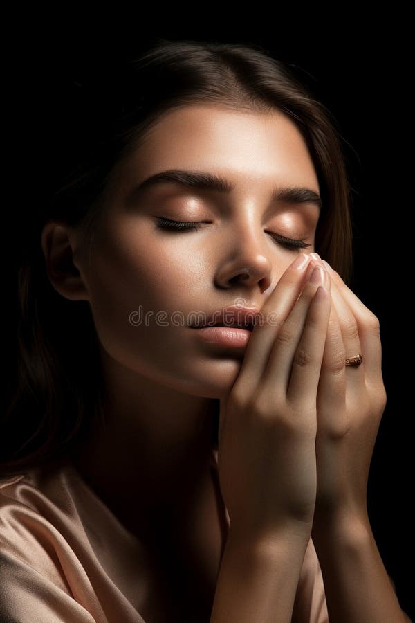 A Beautiful Woman Is Looking Down At Her Face With Her Hands Infront