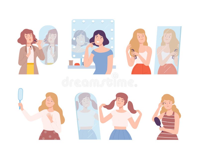 Beautiful Woman Looking In Mirror Doing Makeup And Grooming Vector Set
