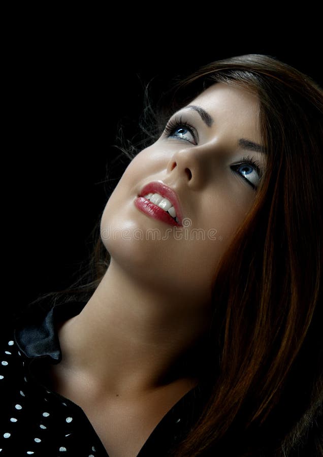 Beautiful Woman Looks Upwards Stock Photo - Image of person, woman ...