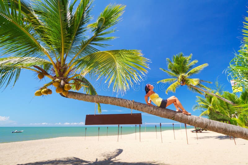 Beautiful Woman Lying on the Amazing Palm Tree Stock Photo - Image of ...