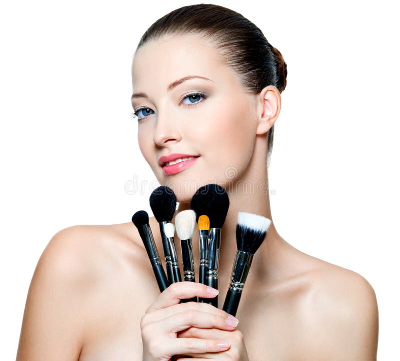 Beautiful Woman with Make-up Brushes Stock Photo - Image of brush ...