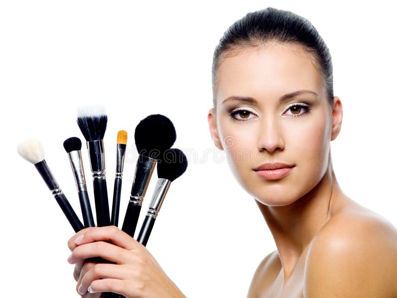 Beautiful Woman with Makeup Brushes Stock Image - Image of woman, girl ...