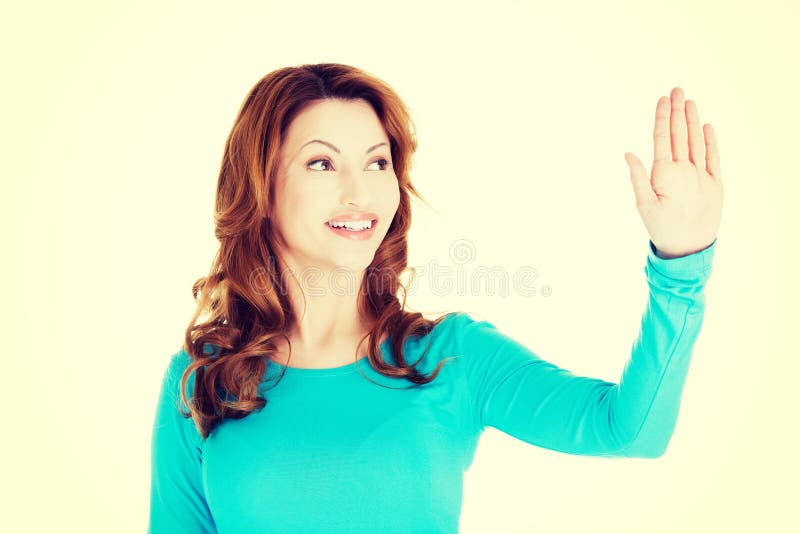Beautiful Woman Making Choose on Abstract Screen Stock Photo - Image of ...