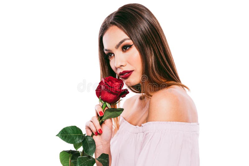 Beautiful Woman Model with a a Red Rose Stock Image - Image of body ...