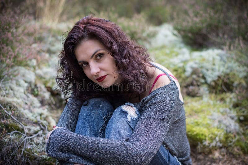 Beautiful Woman in Mossy Forest Stock Photo - Image of female, model ...