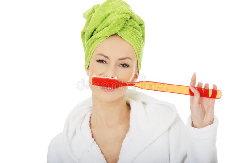 Beautiful Woman with Oversized Toothbrush. Stock Photo - Image of ...