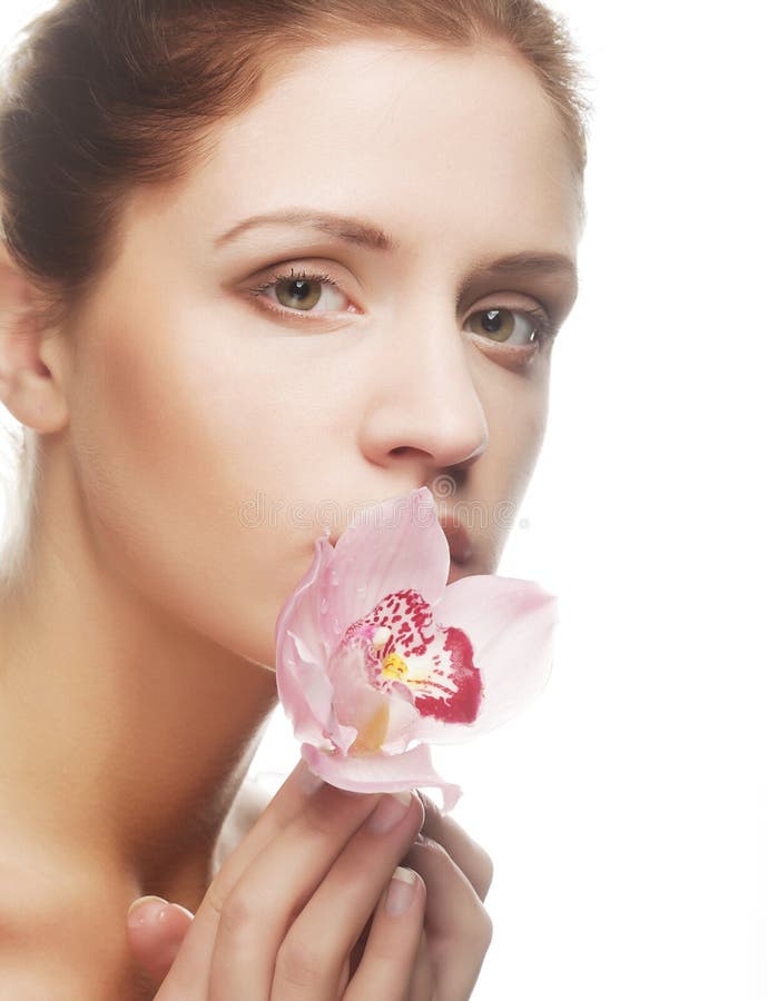 Beautiful Woman with Pink Flower Stock Photo - Image of female, people ...