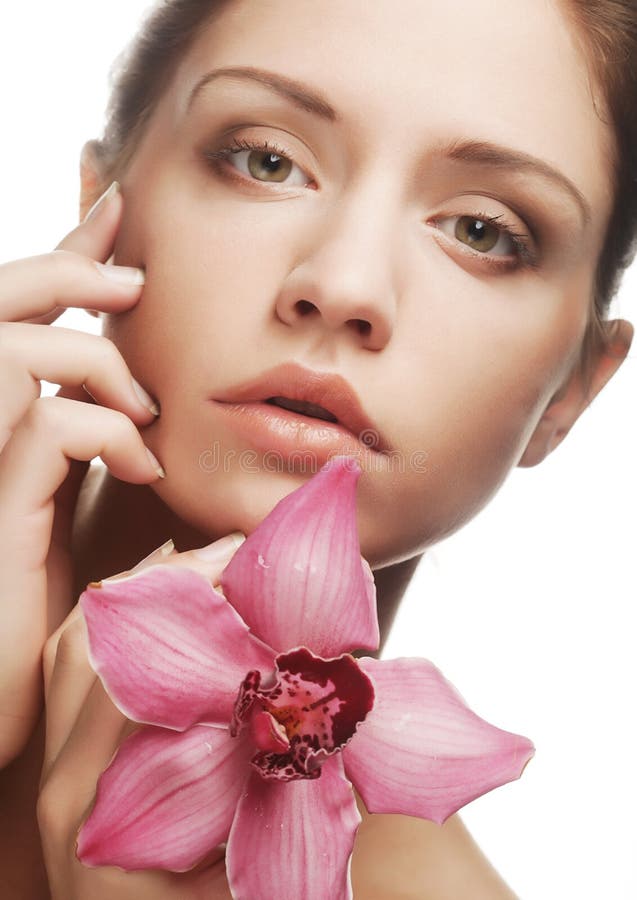 Beautiful Woman with Pink Flower Stock Photo - Image of beautiful ...