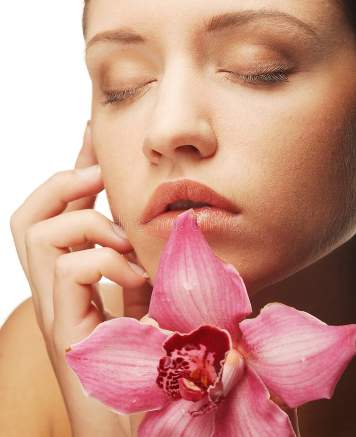 Beautiful Woman with Pink Flower Stock Image - Image of health, blue ...