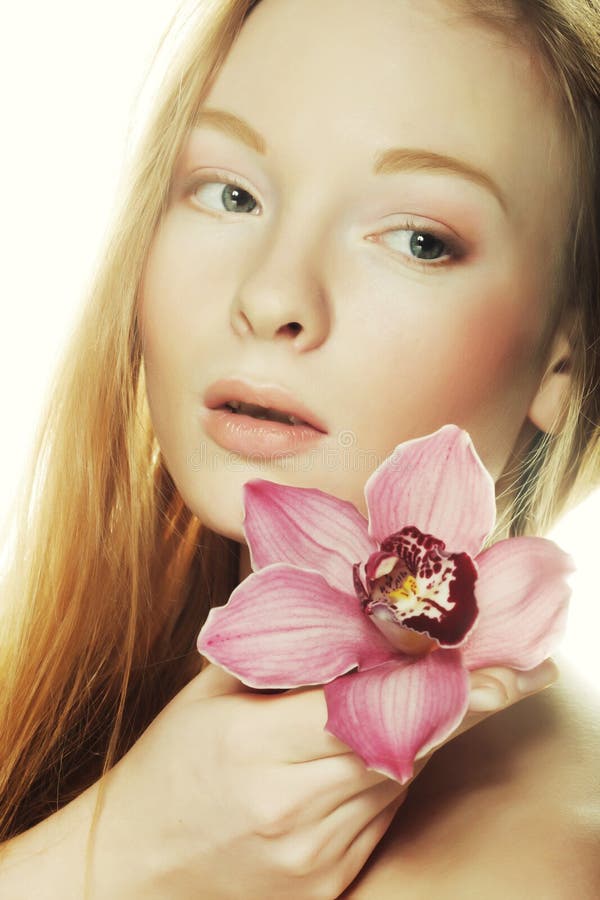 Beautiful Woman with Pink Flower Stock Image - Image of fashion, light ...