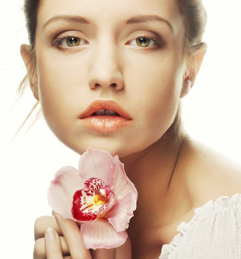 Beautiful Woman with Pink Flower Stock Image - Image of fresh, isolated ...