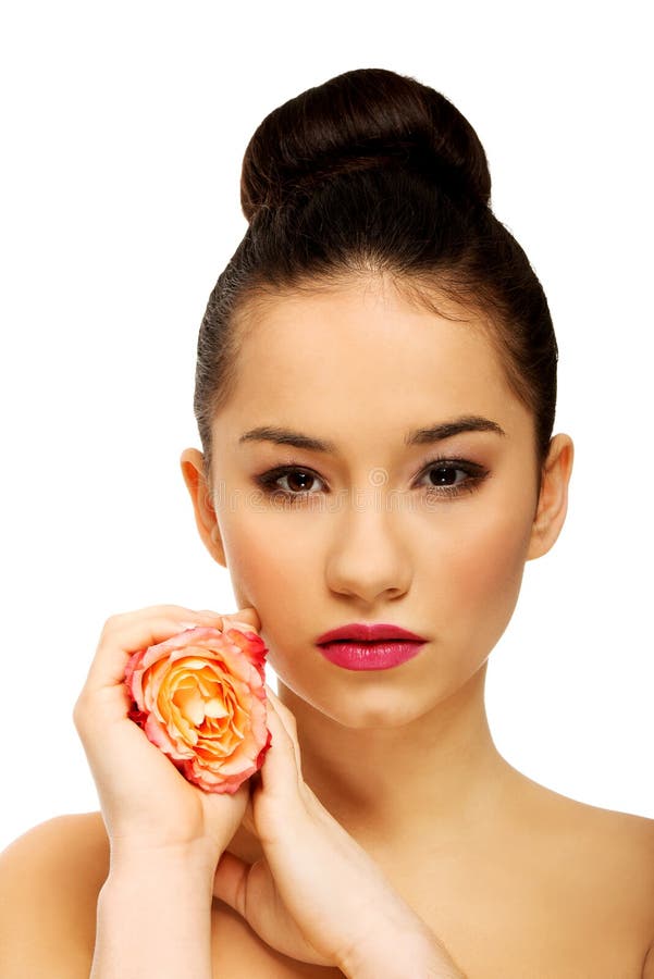 Beautiful Woman with Pink Rose. Stock Photo - Image of floral, beauty ...