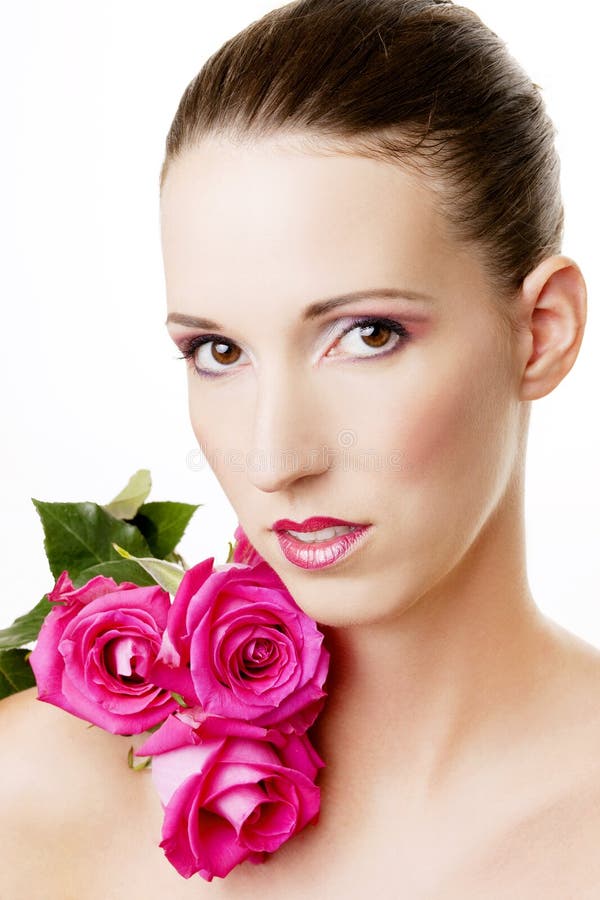 Beautiful Woman with Pink Roses Stock Photo - Image of cosmetics, head ...