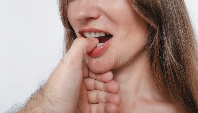Beautiful Woman Playfully Bites Man S Finger Stock Image - Image of ...