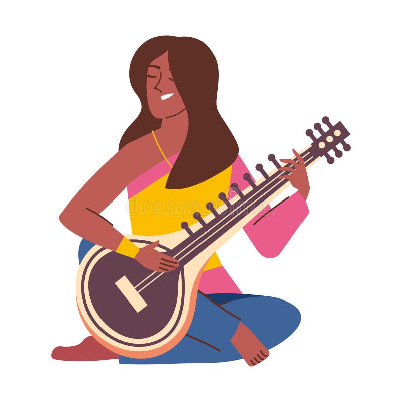 Beautiful Woman Playing Sitar India Stock Vector - Illustration of ...
