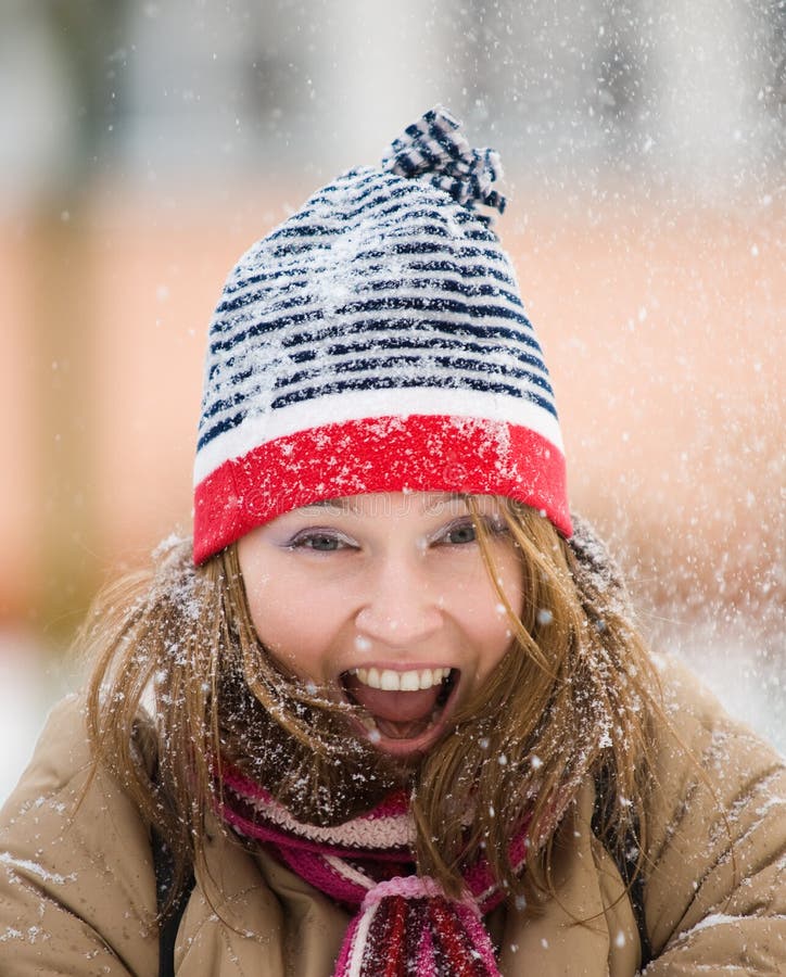 Beautiful Woman Playing with Snow Stock Photo - Image of beautiful ...