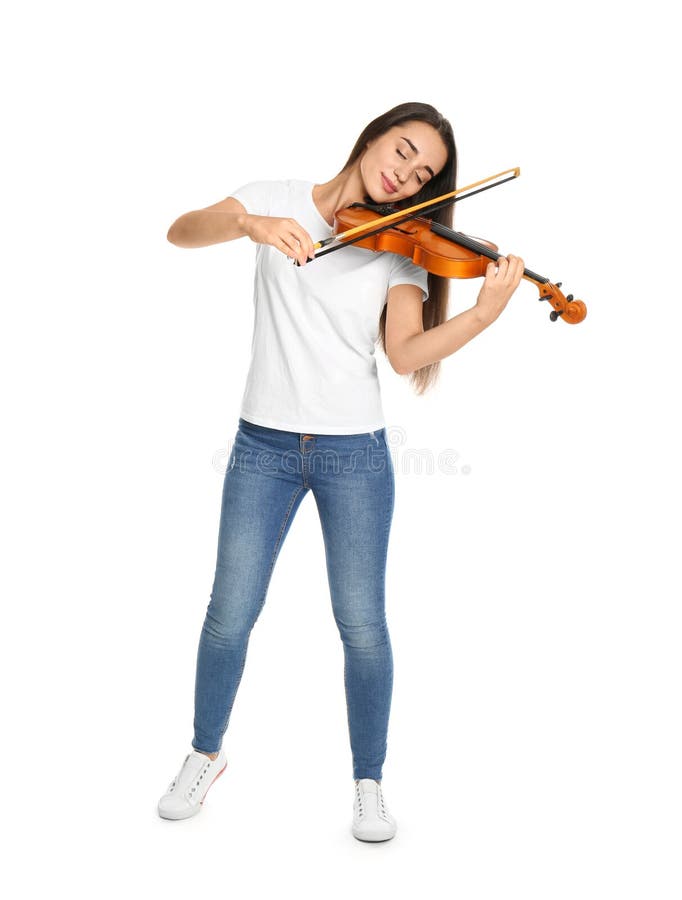 Beautiful Woman Playing Violin on White Background Stock Photo - Image ...