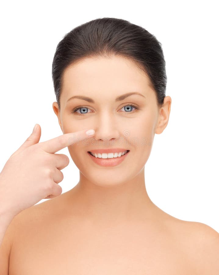 Beautiful Woman Pointing To Nose Stock Photo - Image of happy, face ...