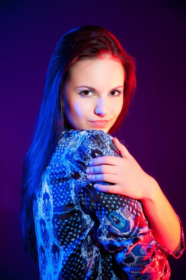 Beautiful Woman Portrait in Blue and Red Light Stock Photo - Image of ...