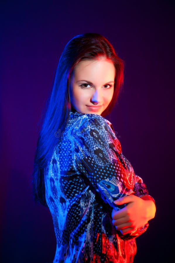 Beautiful Woman Portrait in Blue and Red Light Stock Photo - Image of ...