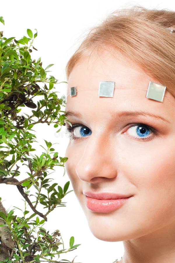 Beautiful Woman Portrait with Green Tree Stock Image - Image of blond ...