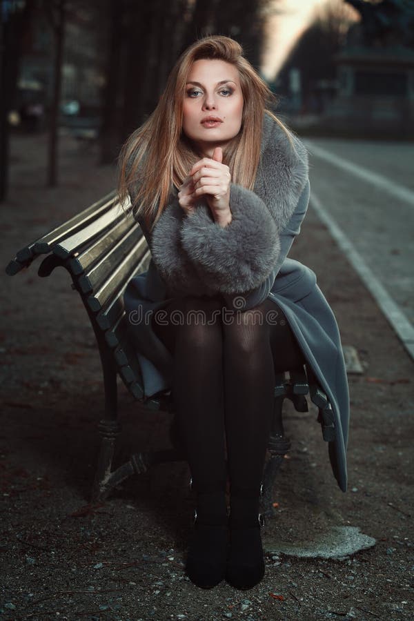 Beautiful Woman Portrait on a Park Bench Stock Photo - Image of posing ...