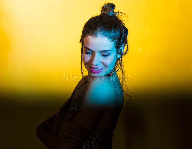 Beautiful Woman Posing in Disco Lights Stock Image - Image of hair ...
