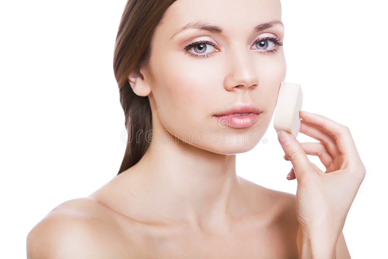 Beautiful Woman with Powder Sponge Stock Photo - Image of human, cotton ...